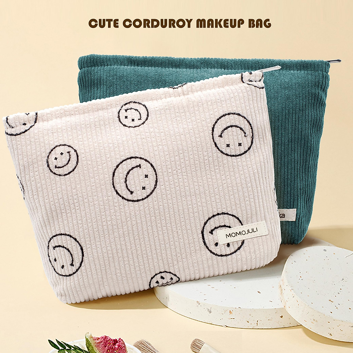 MOMOJULI Corduroy Makeup Bag Cosmestic Bag 2pcs Large Capacity Ladies Women Aesthetic Make Up Organizer Accessories Zipper Pouch Purse （Beige+Green）