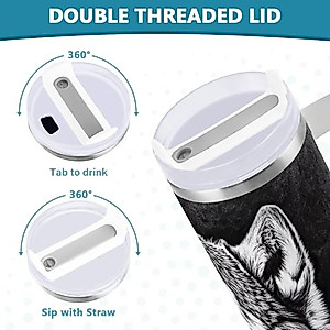 ODAWA 40oz Travel Insulated Tumblers with Handle and Straw, Black White Wolf Double Wall Insulated Tumbler
