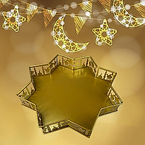 WYHFA Eid Mubarak Plate Iron Serving Tray, Ramadan Food Serving Tray Plate Dessert Pastry Candy DIY Display Tray for Eid Mubarak Party Decoration