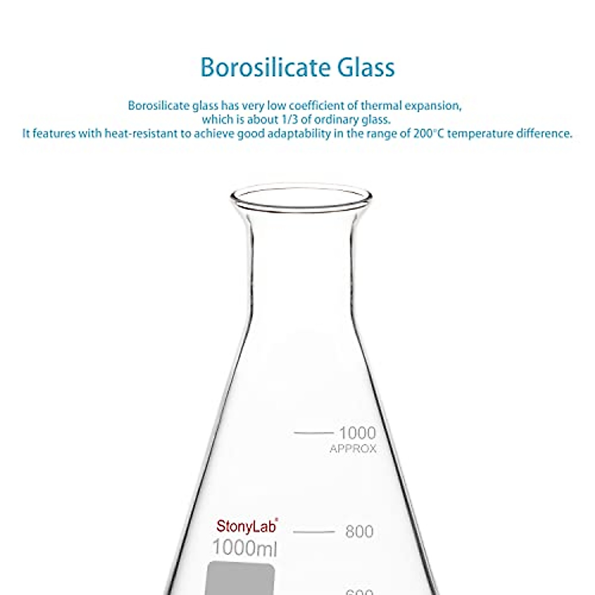 stonylab Glass Wide Mouth Erlenmeyer Flask, 1000 ml Borosilicate Glass Erlenmeyer Flask with Heavy Duty Rim, 1 Pack