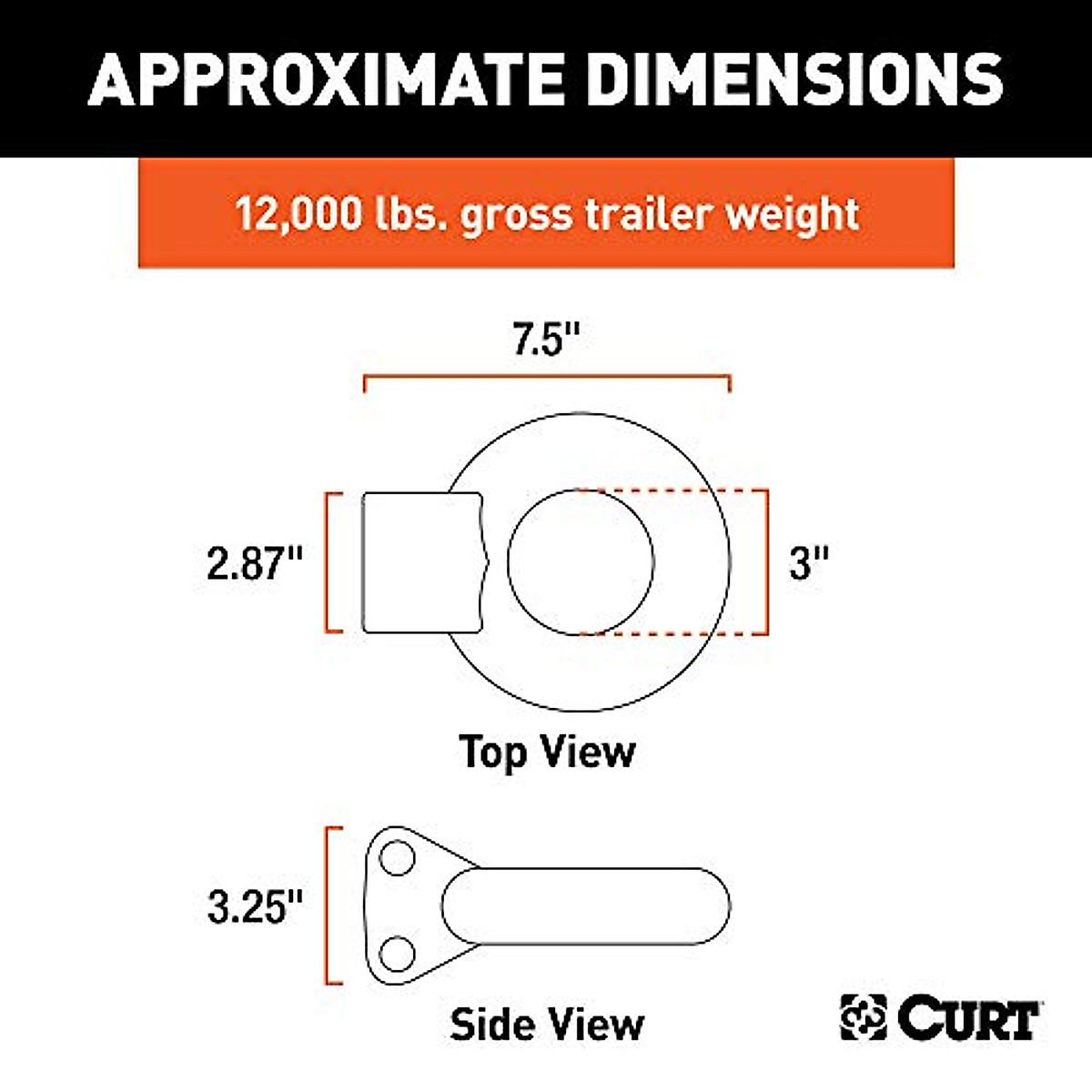 CURT 48601 Black Steel Pintle Hitch Lunette Ring 3-Inch ID, 12,000 lbs, Channel Mount Required, Gloss Black