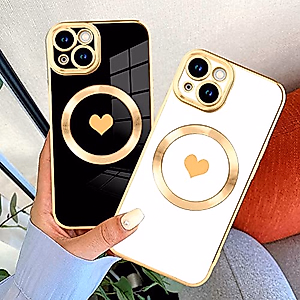 tharlet Magnetic for iPhone 14 Case Black [Compatible with Magsafe] Cute Love Luxury Plating Edge Bumper Case with Full Camera Lens Case for iPhone 14 Phone Case, Black (6.1")