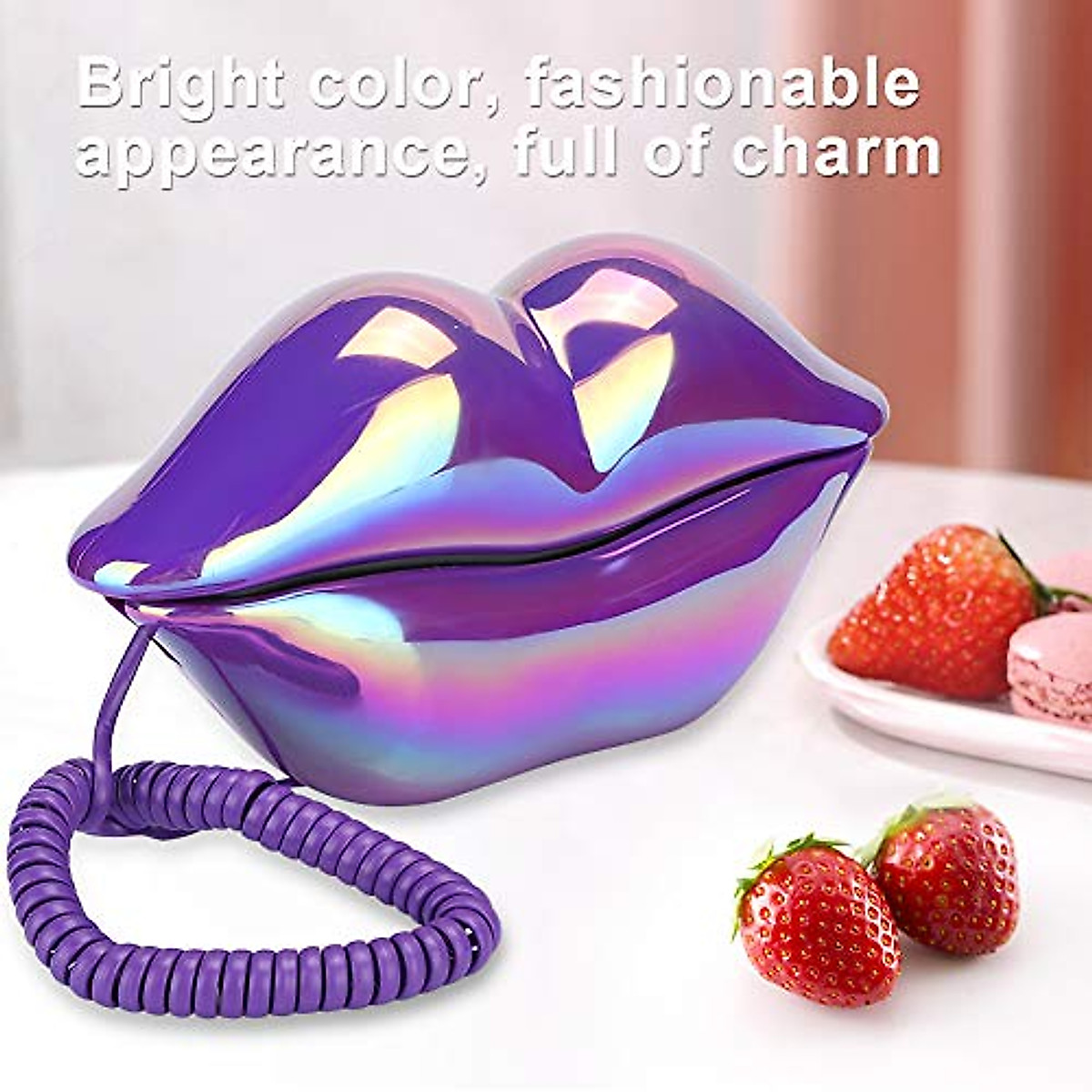 Lips Design Landline Telephone, Clear Sound Support Number Storage Electroplate Desktop Wired Phone, Mouth Lip Shape Telephone for Home Hotel Office Decor, Novelty Gift