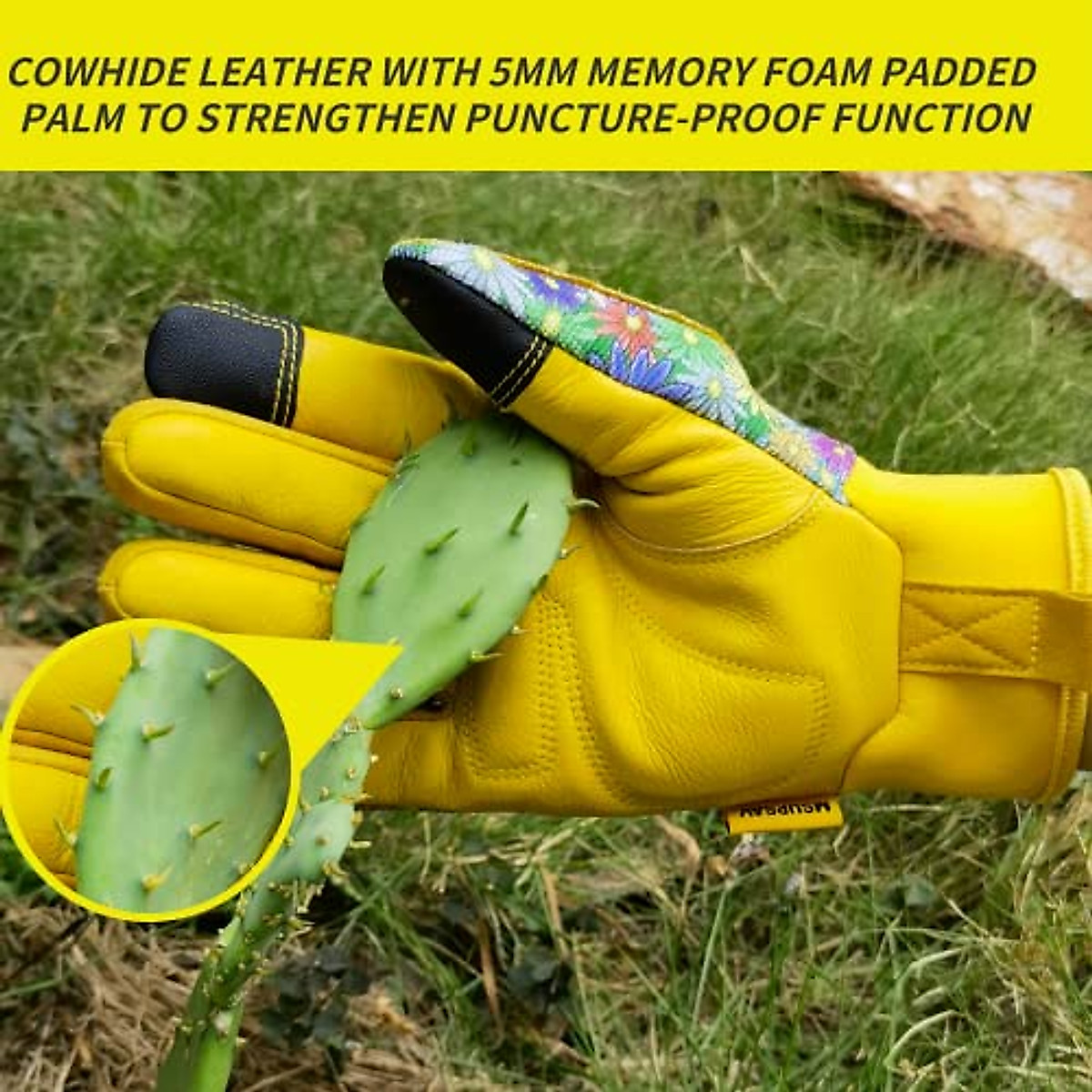 MSUPSAV Women Gardening Gloves with Touchscreen,Garden Gloves for Women,Cowhide Leather Work Gloves for Women,Gardening Gfits,Colorful flowers,Large