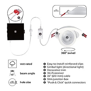 Globe Electric 50467 Wi-Fi Smart 4" Swivel LED Recessed Lighting Kit 2-Pack, No Hub Required, Voice Activated, 9 W, Multicolor Changing RGB, Tunable White 2000K - 5000K, 540 Lumens, Wet Rated