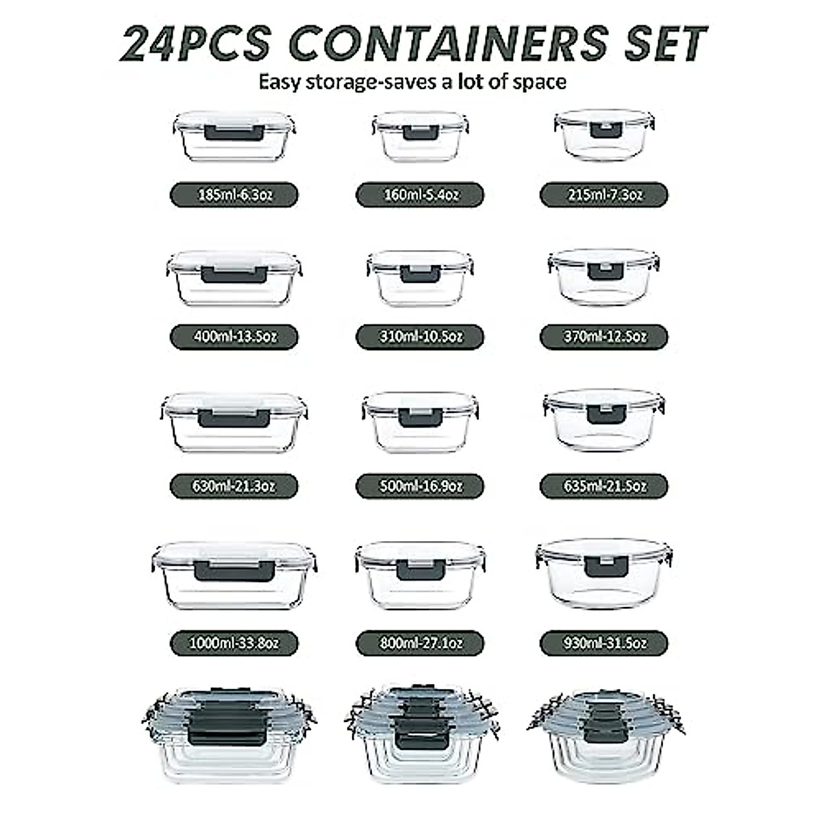 VERONES 24 Pieces Glass Food Storage Containers Set, Airtight Glass Lunch Containers, Stackable Glass Meal Prep Containers with Lids,BPA-Free, for Microwave, Oven, Freezer & Dishwasher Friendly,Grey