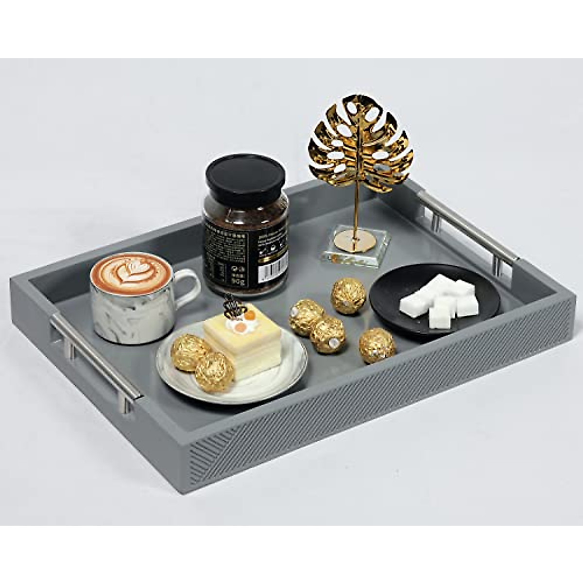 Serving Tray with Polished Metal Handles, 16.5''x12'' Rectangle Coffee Table Tray, Modern Decorative Tray, Large Ottoman Tray, Perfect for Storage and Display (Grey)