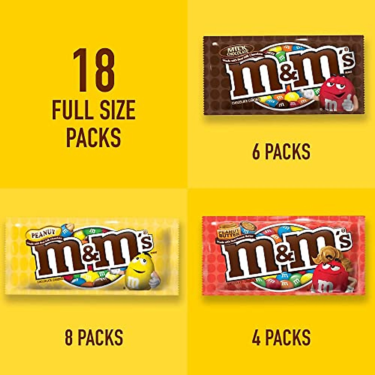 M&M'S Peanut, Peanut Butter & Milk Chocolate Variety Pack Full Size Milk Chocolate Candy Assortment, 30.58 oz 18 ct