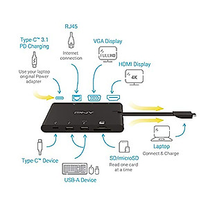 PNY 9 in 1 Mini Portable USB-C Power Hub with Integrated USB-C Cable for USB-C Compatible Devices with 2xUSB-C Ports, 2xUSB-A 3.1 Ports, 1xHDMI Port, 1xVGA Port, SD/microSD Slots, PNY Mini USB-C Hub