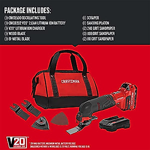 CRAFTSMAN V20 Cordless Multi-Tool, Oscillating Tool Kit, 16 Piece Kit with Blades, Sand Paper, Battery and Charger Included (CMCE500D1)