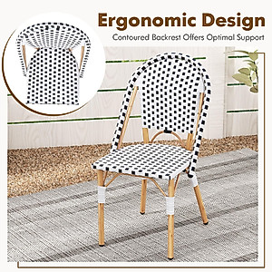 Tangkula French Bistro Chair Set of 4, Outdoor Armless Dining Chairs with Hand-Woven Rattan, Accent Chairs with Galvanized Metal Frame for Garden Kitchen Backyard Porch (Black & White)
