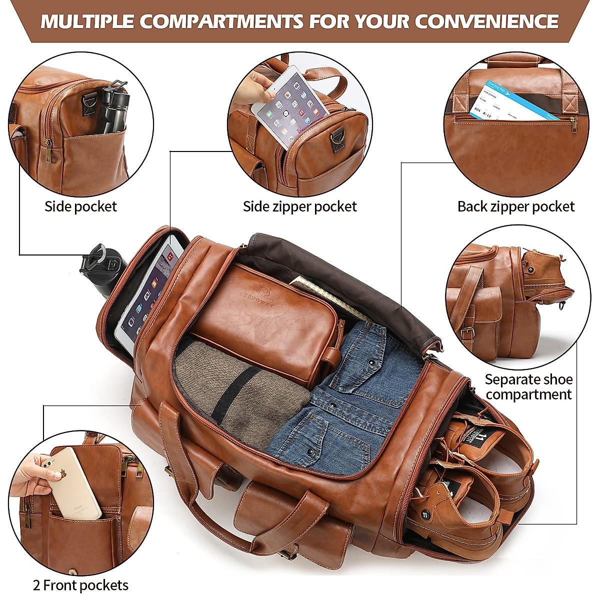 Zeroway PU Leather Travel Duffel Bag with Toiletry Dopp Kit and Laundry Bag, Weekender Overnight bag Luggage Carry-On Bag with Shoe Pouch for Men or Women Brown