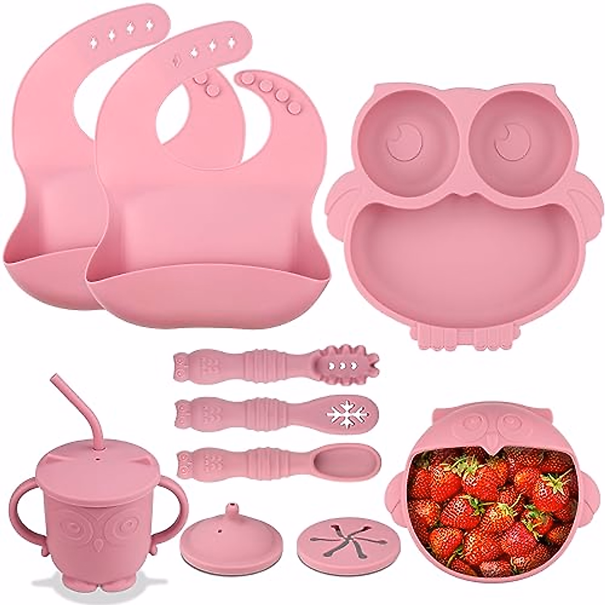 Silicone Baby Feeding Set, 13 PCS Baby Led Weaning Supplies with Suction Baby Plate and Bowl Set, Baby Spoon and Fork, Adjustable Bib, Sippy Cup with Straw and Lid, Baby Utensils for 6+ Months（Pink）