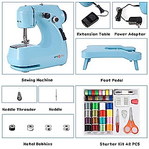 HTVRONT Mini Sewing Machine for Beginners - Portable Sewing Machine with Extension Table, Foot Pedal, Light, 42 Pcs Sewing Set, etc. Dual Speed Small Sewing Machine for Beginners and Kids