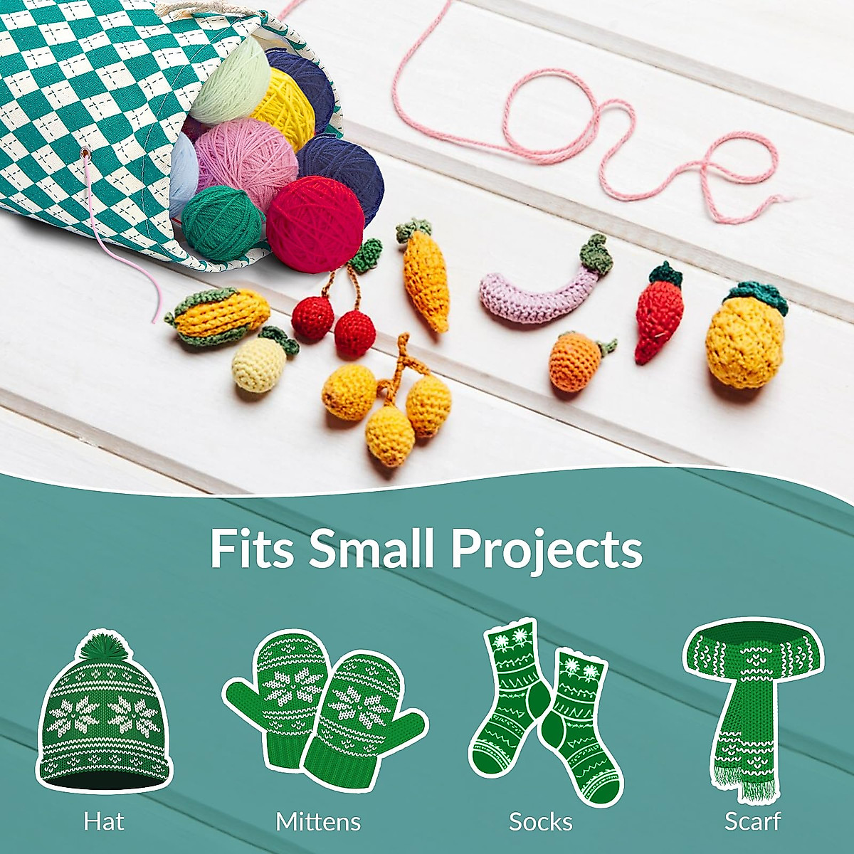 Peixty Small Yarn Bag with Two Pockets, Small Yarn Holder for Knitting & Crocheting, Portable Small Yarn Storage Bag for Small Crochet Projects, Stores Skein Balls, Needles, and Accessories-Green