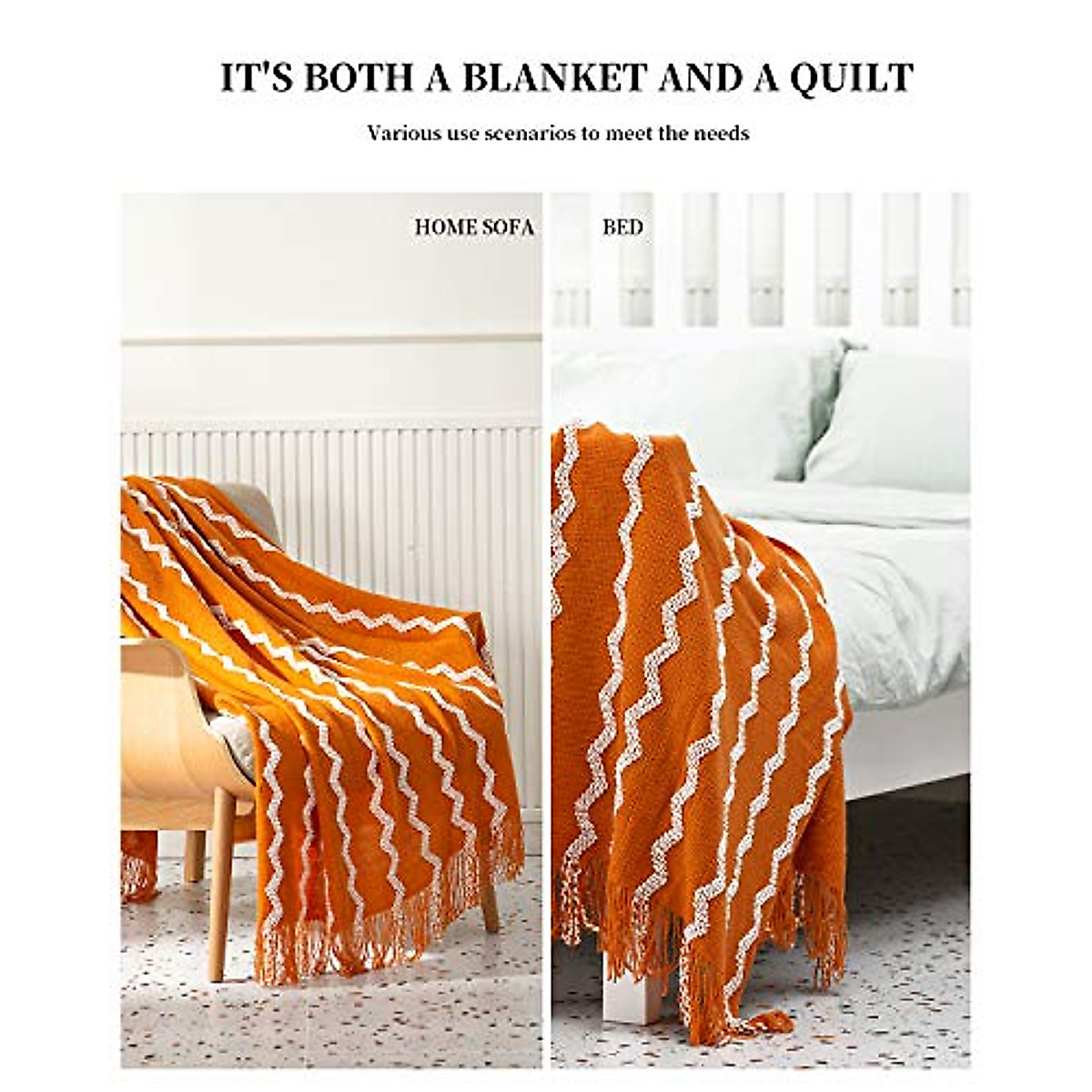 SPAOMY Fluffy Chenille Knitted Throw Blanket with Tassels Soft Cozy Lightweight Decorative Throw Blanket for Bed, Sofa, Travel- All Seasons (50x60 Inch, Dark Gold Wave)