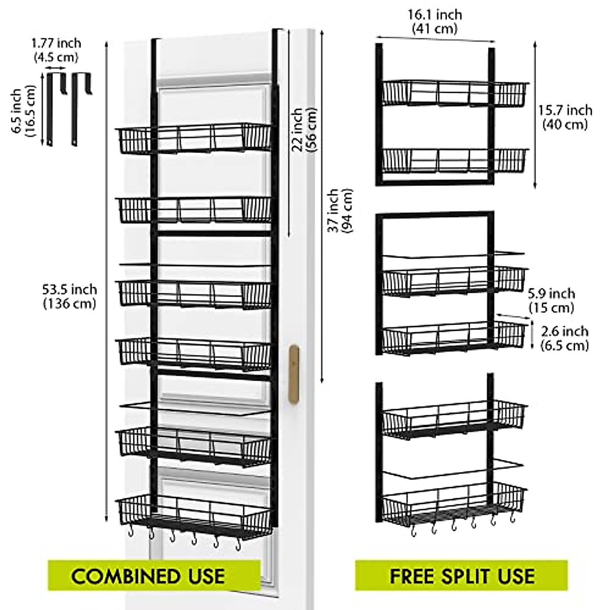 Mefirt Over The Door Pantry Organizer, Wall Mount Spice Rack, 6 Adjustable Baskets and Dual-use (Multi-use) Heavy-Duty Metal Hanging Seasoning Rack-Kitchen Organization,Bathroom,Closet, Cabinet,Cans