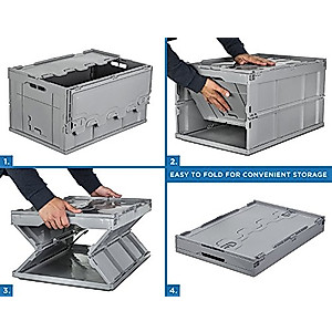 Mount-It! Folding Plastic Storage Crate, PACK OF 3, Collapsible Utility Distribution Container with Attached Lid, 65L Liter Capacity, Gray,