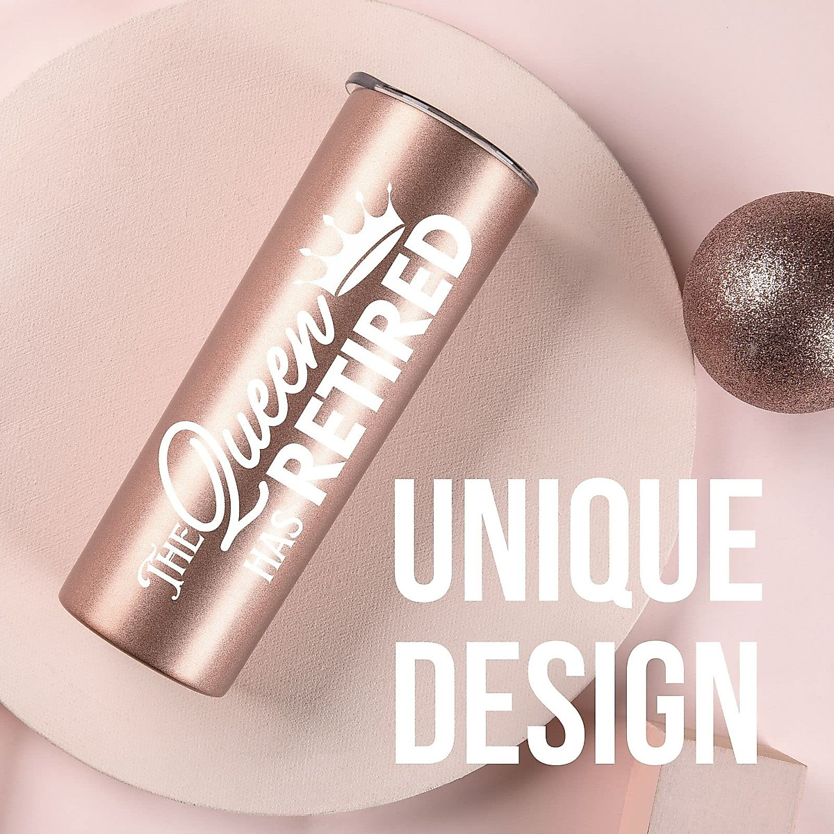 Onebttl Retirement Gifts for Women, Funny Retirement Tumbler 20oz, Retired Gifts for Coworkers, Grandma, Friends - Rose Gold (The Queen Has Retired)