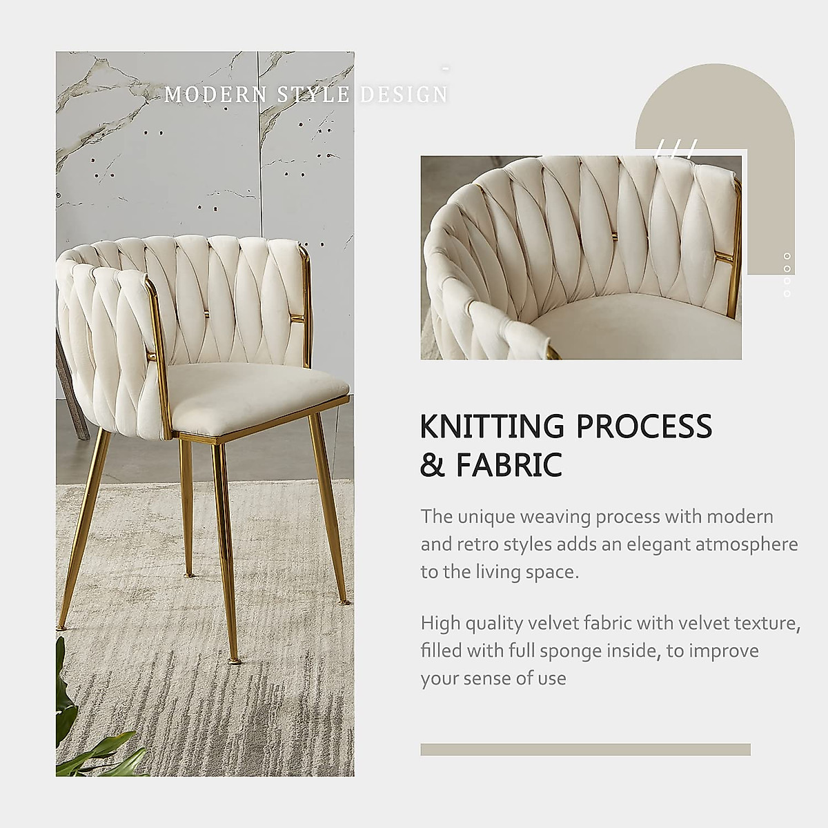 Tsuysi Velvet Dining Chairs Set of 6, Modern Dining Chair with Golden Metal Legs, Woven Upholstered Dining Chairs for Dining Room, Kitchen, Vanity, Living Room (Beige)