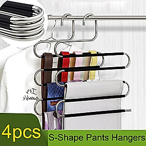 S-Shape Pants Hangers Space Saving Trousers Hangers 4 Pack, 5 Layer Stainless Steel S-Shape Trousers Hangers