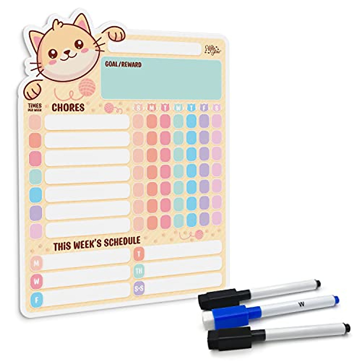 Willa Flare Fridge Chore Charts | Magnetic Chore Chart For Multiple Kids and Adults | Helps to Reward Responsibility with Family Chores Charts | Wet and Dry Markers (Gray Cat Weekly and Brown Ca)