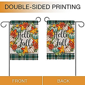 Hzppyz Hello Fall Home Decorative Garden Flag Pumpkins Maple Leaves Wreath, Welcome Autumn House Yard Blue Buffalo Plaid Decor, Farmhouse Outside Decoration Seasonal Harvest Outdoor Small Flag 12 x 18