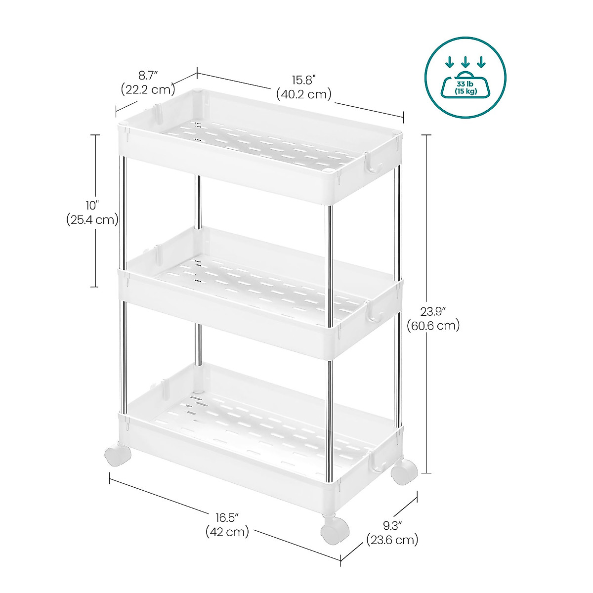 SONGMICS 3-Tier Rolling Cart, Storage Cart with Wheels, Space-Saving Rolling Storage Cart, for Bathroom, Kitchen, Living Room, Office, 15.7 x 8.7 x 23.6 Inches, White UKSC009W01