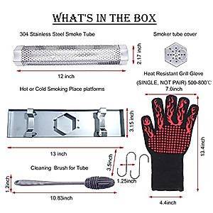 FMOON Upgraded Pellet Smoker Tube With Cold/Hot Smoking Place Platforms ,12" Wood Pellet Tube Smoker With Heat Resistant Glove and 2 Hooks and 1 Brush and 1 Smoke Tube Cover