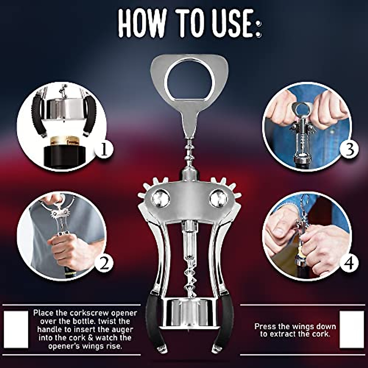 Corkscrew Wine Opener with Wine Aerator Pourer Spout and Stainless Steel Bottle Stopper, 3 Piece Wine Preserver and Accessories Set for Home Bar, Cork Remover and Stopper To Keep Wine Fresh