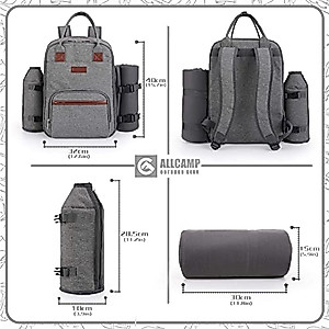 ALLCAMP OUTDOOR GEAR Picnic Backpack for 2 Person W/ Detachable Bottle/Wine Holder, Fleece Blanket, Plates and Cutlery Set (Grey)