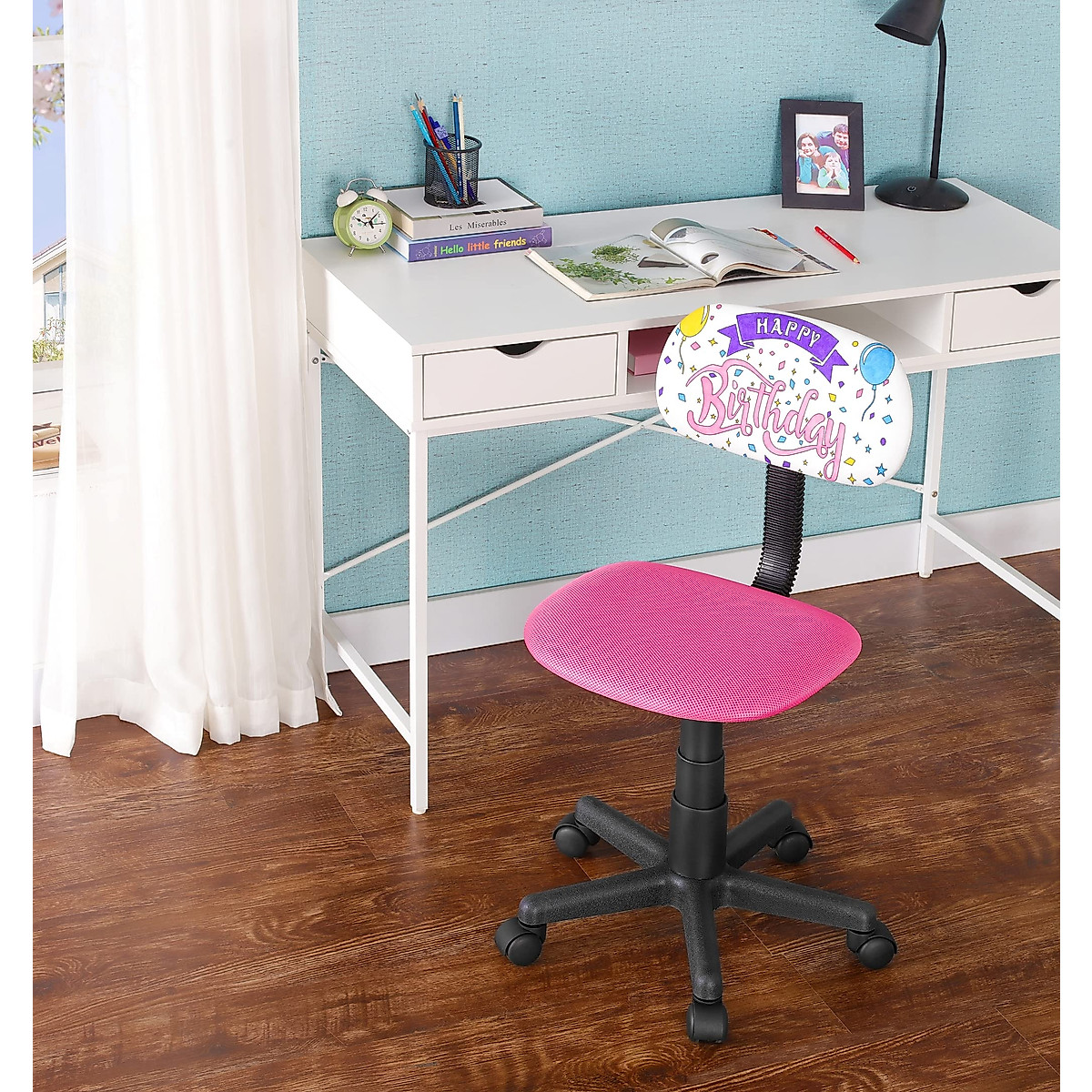 JJS Kids Rolling Drawing Desk Chair, Small Swivel Office Computer Chair for Teens, Low-Back Adjustable Coloring Upholstered Student Task Chair, Pink