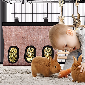 Bunny Hay Feeder Bag，Rabbit Hay Feeder Bag for Cage Guinea Pig Timothy Hay Dispenser Storage Manger Hanging Large Less Waste for Bunny (Light coffee color)