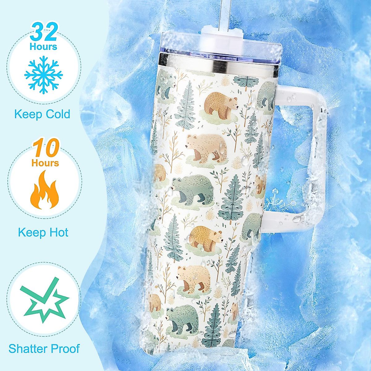 40 oz Tumbler with Handle and Straw, Bear Insulated Travel Mug Iced Coffee Cup, Reusable Stainless Steel Insulated Water Bottle, Keeps Drinks Cold for 34 Hours, Dishwasher Safe, BPA Free