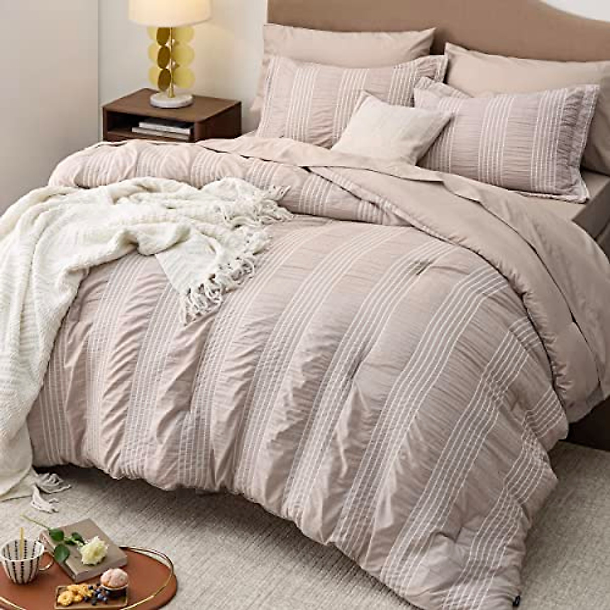 Bedsure Bed in a Bag Queen - Queen Comforter Set 7 Pieces Stripes Seersucker Bedding Set, Soft Lightweight Down Alternative Comforter, Queen Bed Set (Khaki, Queen 88 x 88 Inch)