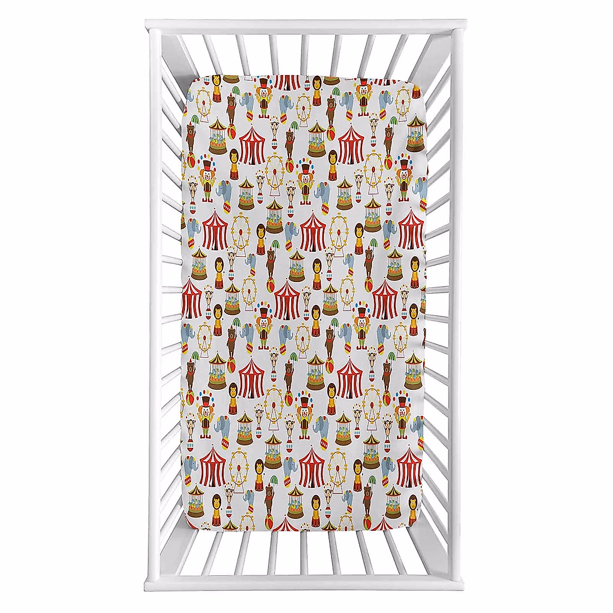 Lyzelre Circus Fitted Crib Sheet,Circus Bear Monkey Animals Merry Go Round Magic Classic Celebration Print Microfiber Silky Soft Toddler Mattress Sheet Fitted,28"x 52"x 8'',Baby Sheet for Boys Girls