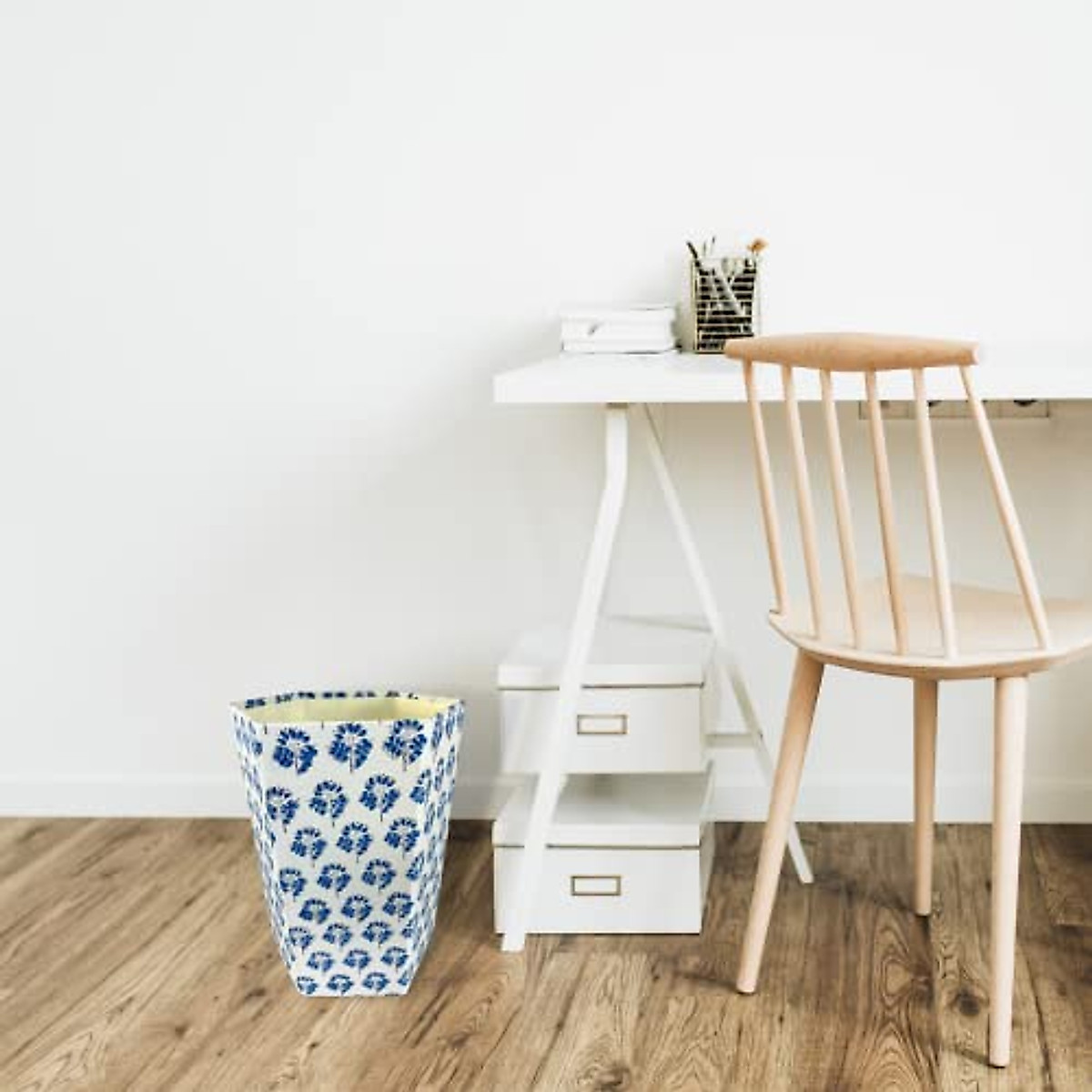 Waste Basket | Decorative Small Waste Basket | Cute Bedroom Trash Can | Blue Trash Can (Small Flowers)