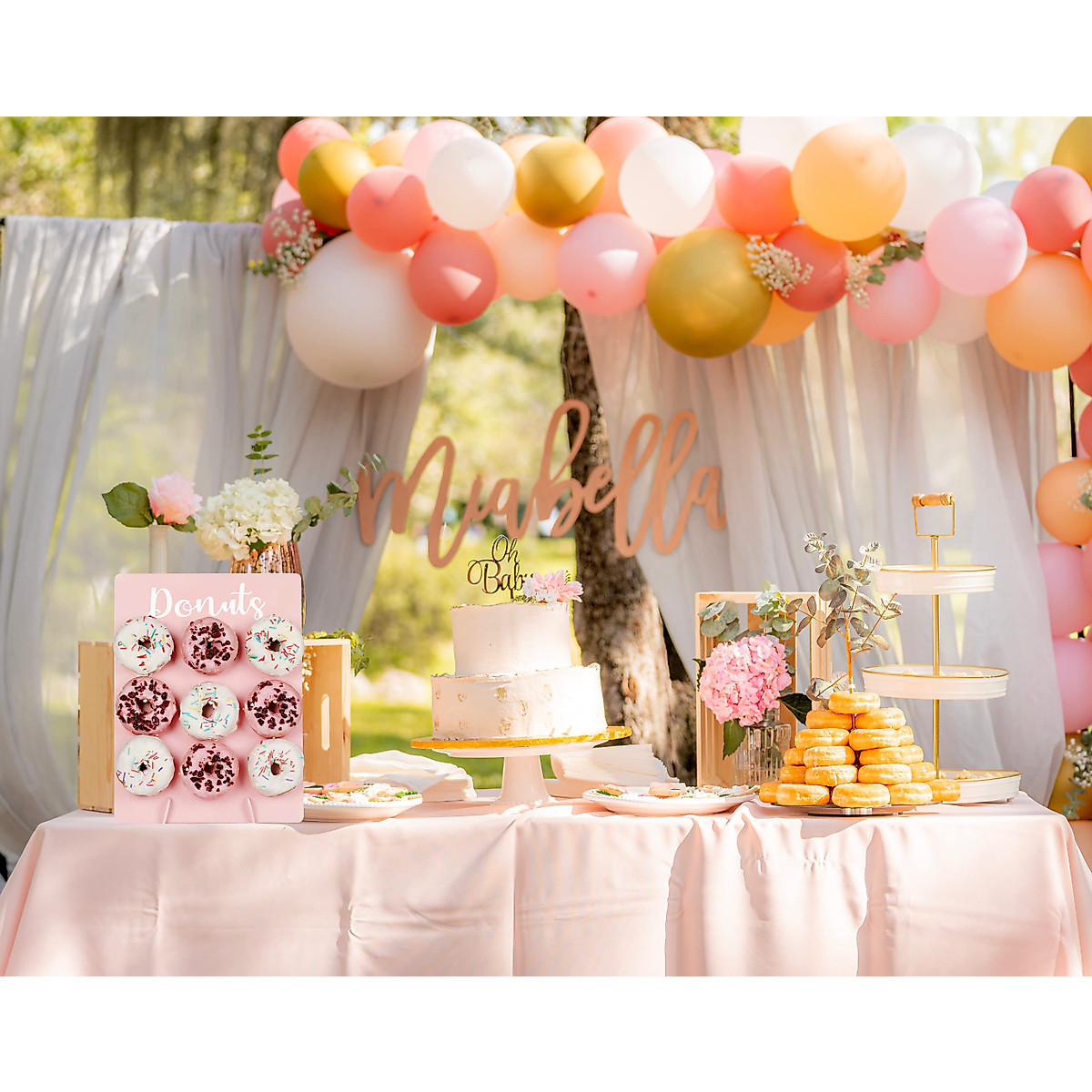 OWOYDOJ Donut Wall Display Stand Wood, Reusable Rustic Doughnut Board Holder for Baby Showers, Bridal Shower, Birthday, Wedding, Donut Party Supplies, Holds 9 Donuts (Pink, 1)