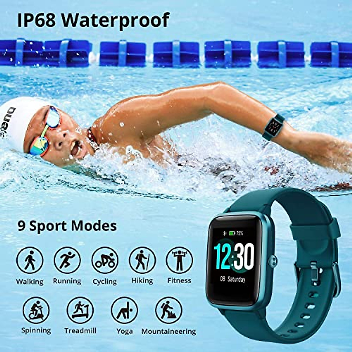 Fitpolo Smart Watch for Android and iOS Phones IP68 Swimming Waterproof Fitness Tracker Fitness Watch Heart Rate Monitor Smart Watches for Men Women (Green)