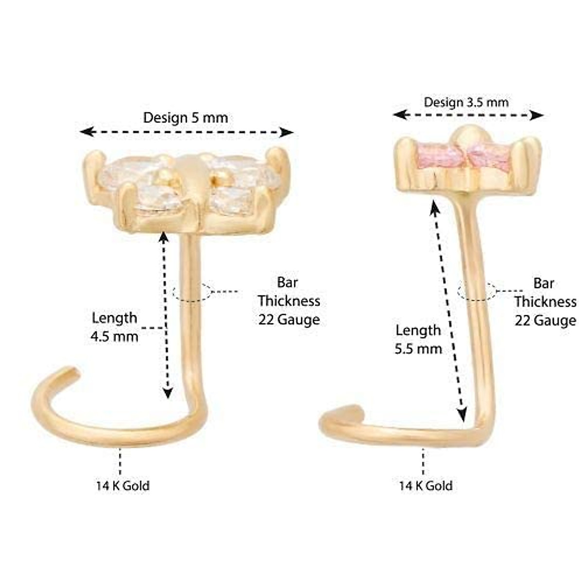 Lavari Jewelers 22 Gauge Curved Screw White Butterfly Pink Flower Nose Ring Set for Women in 14k Yellow Gold Piercing Jewelry Set