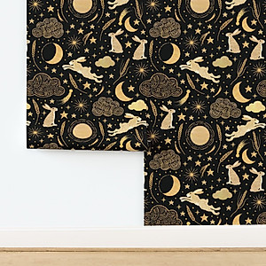 Peel & Stick Wallpaper 6ft x 2ft - Moon Hares Golden Black Stars Clouds Gold Night Custom Removable Wallpaper by Spoonflower