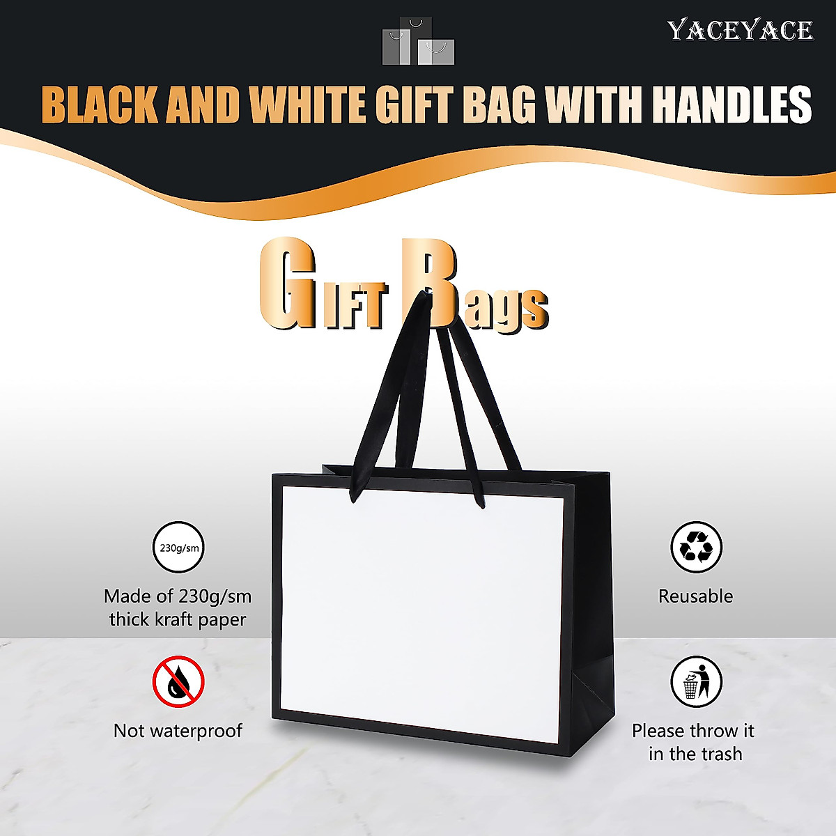 Black and White Gift Bags, YACEYACE 10Pcs 10.5"x4.25"x8" Medium Size Black and White Paper Gift Bags with Ribbon Handles, Wedding Bags,Retail Bags,Party Bags, Birthday Bags, Black Gift Bags Bulk White Gift Bags White Paper Shopping Bags