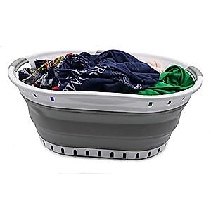 SAMMART 44L Collapsible Plastic Laundry Basket - Foldable Pop Up Storage Container/Organizer - Space Saving Hamper/Basket (1, White/Grey)