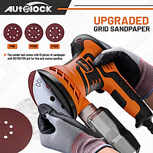 Autolock 350W 5 Inch Random Orbital Sander, 13000 RPM Electric Orbital Sander with 7 Variable Speeds, 2.8AMP Corded Palm Sander Kit with Dust Collection System for Woodworking & Sanding, 15 Sandpapers