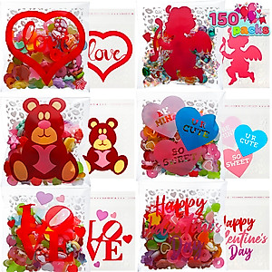 JOYIN 150 Pcs Valentine Cellophane Gift Bags Square Cellophane Candy Bags Valentine Goodies Bags in 6 Designs for Kids Valentine's Day Party Favor Supplies