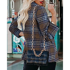 Taodou Women's Casual Blazers Woolen Plaid Blazer Lapel Long Sleeve Button Pocket Jackets Coat Blue