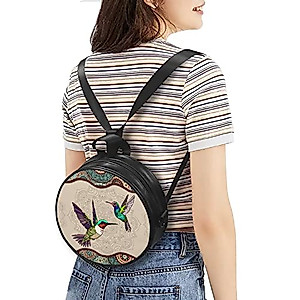 WHOSGNIHT Ethnic Tribal Hummingbird Women Crossbody Circle Bag Purse Waterproof Leather Evening Party Handbag Casual Travel Shopping Shoulder Bag Backpack