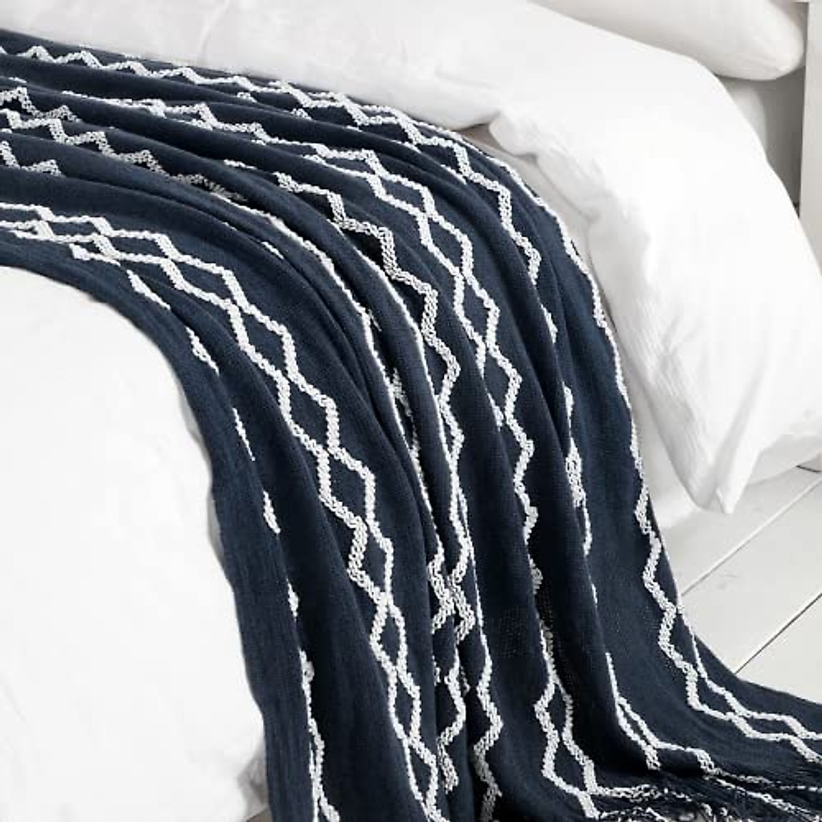 BOURINA Fluffy Chenille Knitted Fringe Throw Blanket Lightweight Soft Cozy for Bed Sofa Chair Throw Blankets, Navy 50" x 60"