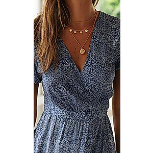 ZESICA Women's 2023 Bohemian Floral Printed Wrap V Neck Short Sleeve Split Beach Party Maxi Dress,Light BlueFloral,Small