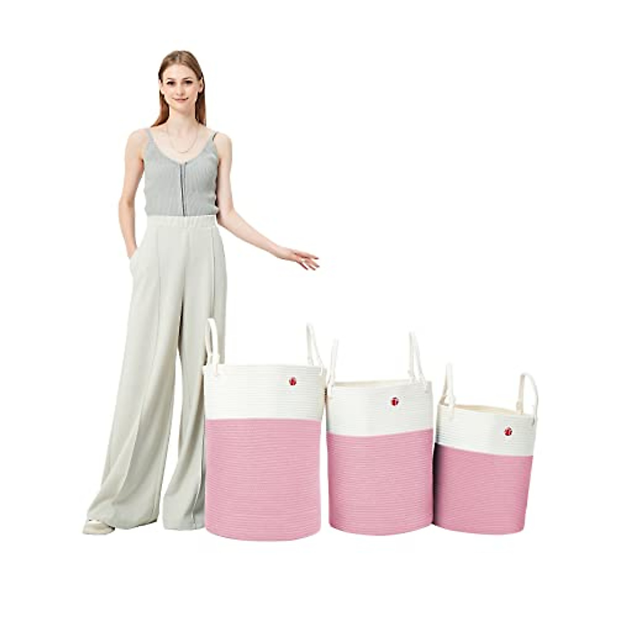 MeloMin NatureMe (50L) Cotton Rope Woven Laundry Basket (6 Colors) - 17” x15” - Home Storage Hamper Bin for Blankets, Comforters, Towels, and Toys (Pink)